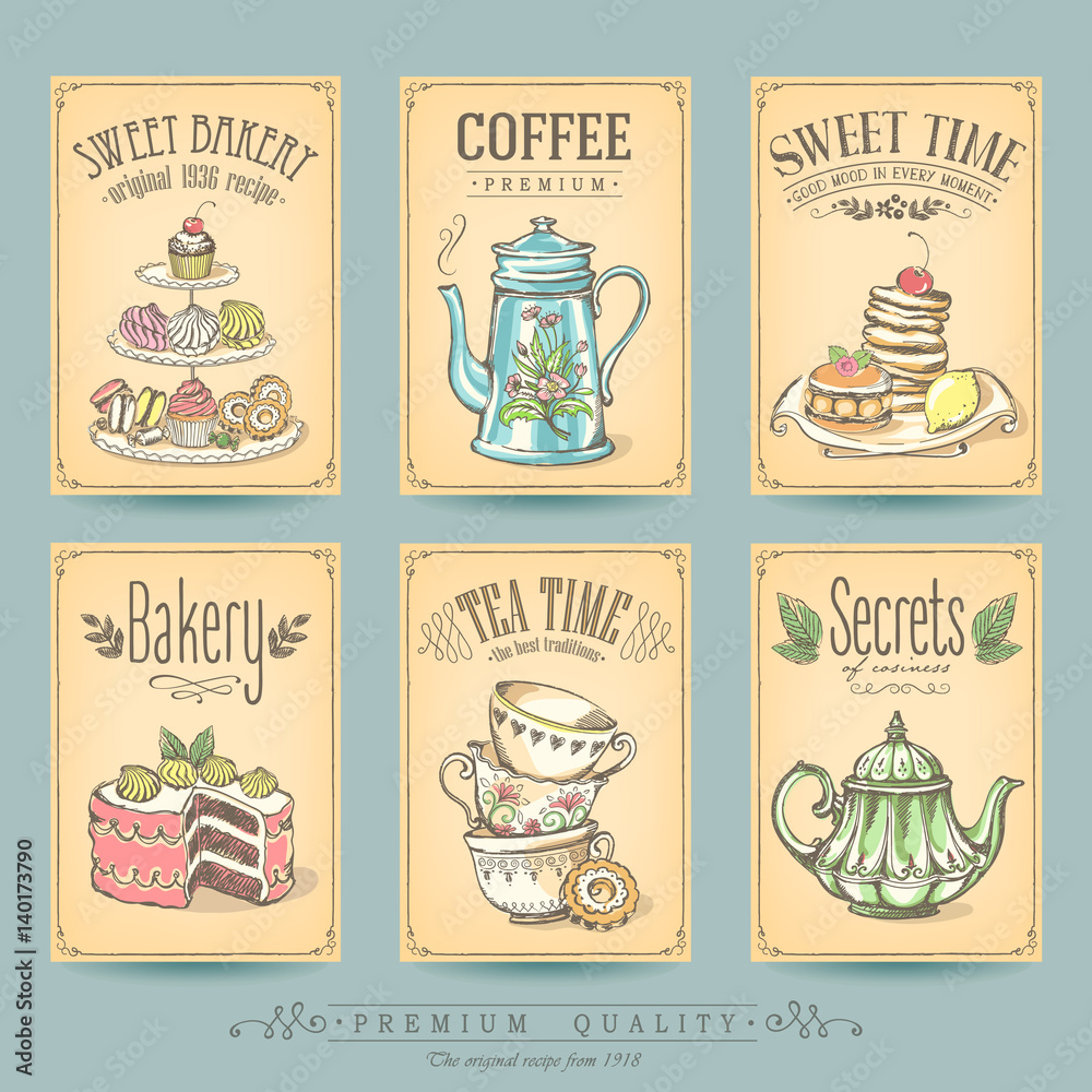 Card collection of hand-drawn cakes. Vintage posters of bakery sweet ...