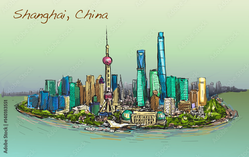 sketch cityscape of Shanghai skyline free hand draw illustration vector ...