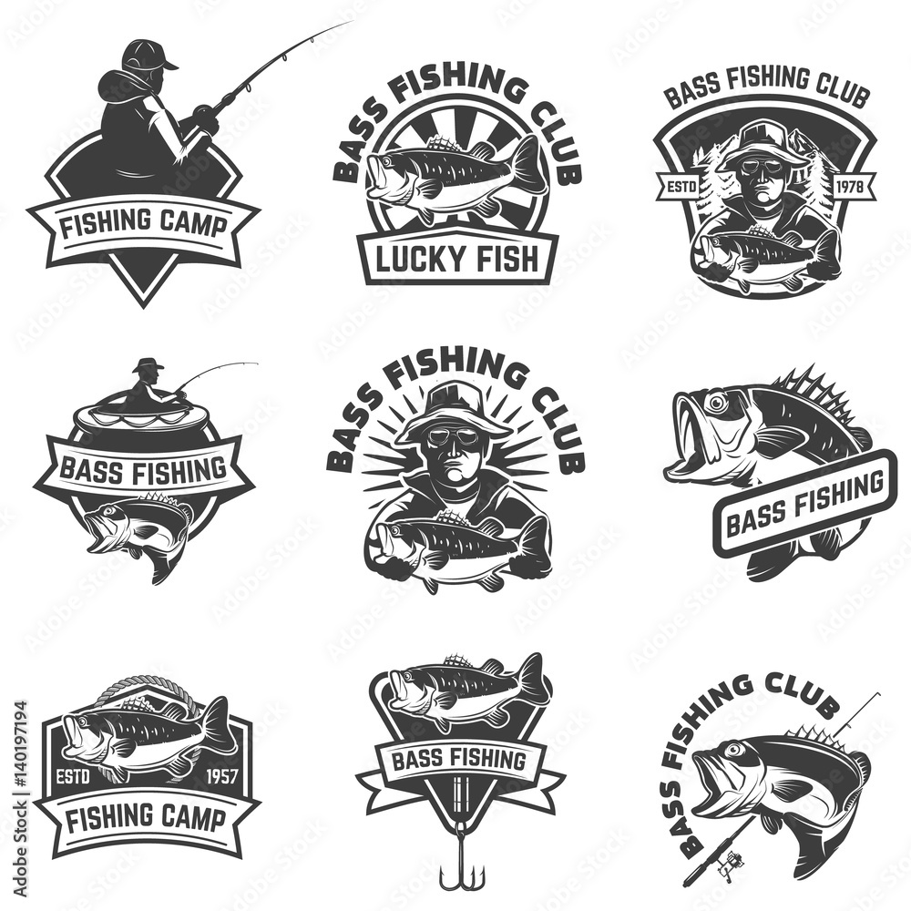 Set of bass fishing emblem templates isolated on white background ...