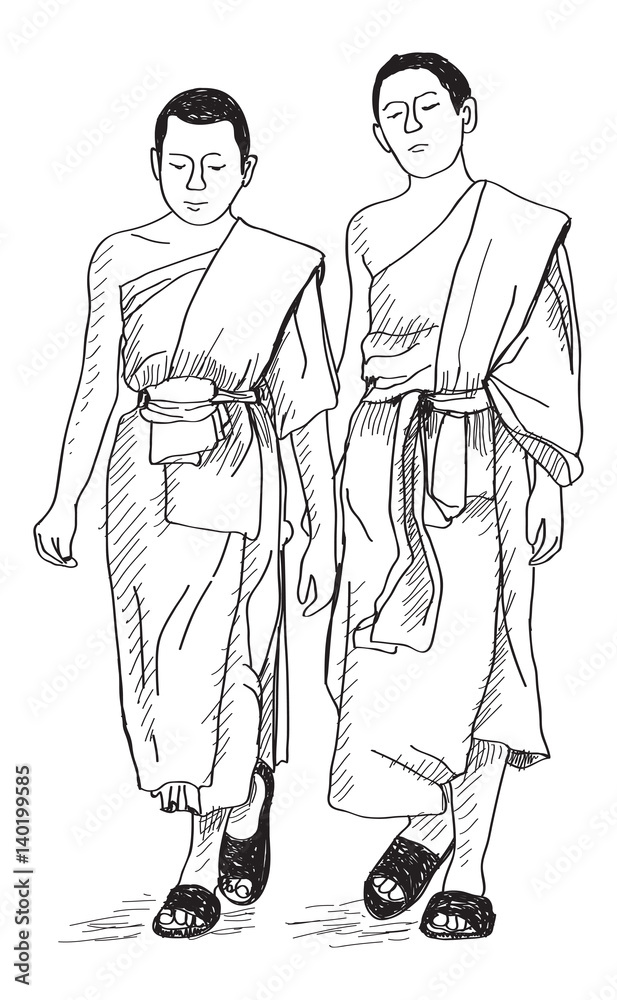sketch of young buddhist monks walking on street in Thai, Chiangmai ...