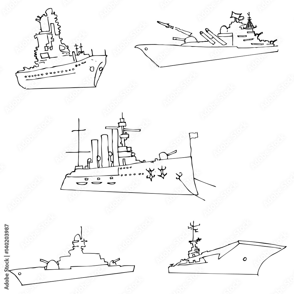 Warships. Sketch by hand. Pencil drawing by hand. Vector image. The ...