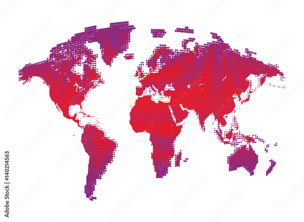 Isolated pink color worldmap of dots on white background, earth vector ...