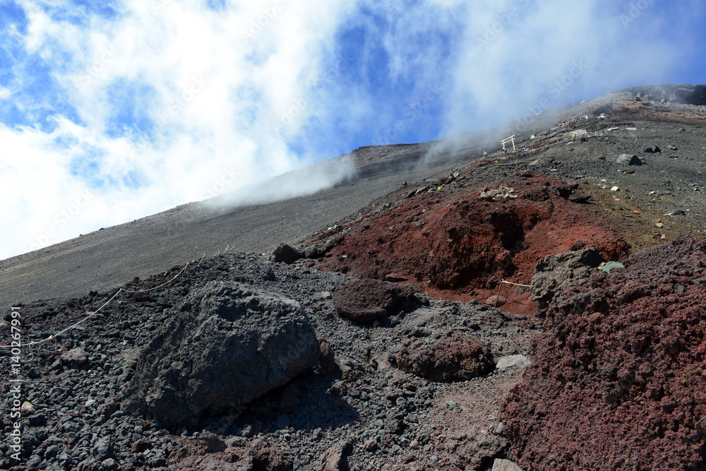 Terrain on climbing route on Mount Fuji, a symmetrical volcano and ...