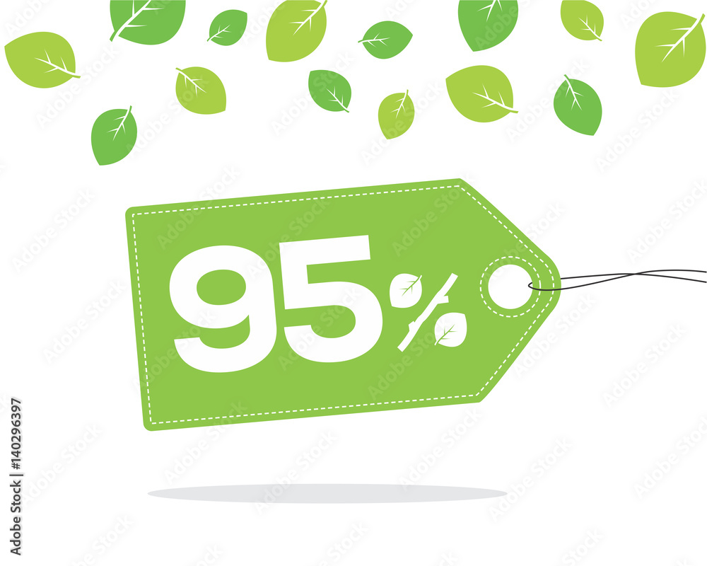 Green price tag label with 95% text designed with a leaf and stick ...