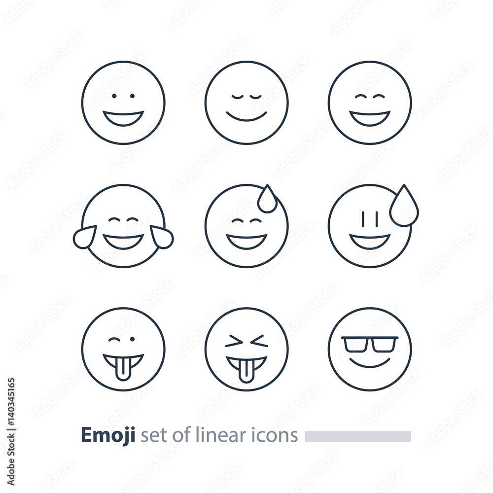 Emoji icons, emoticon symbols, face expression signs, minimalistic ...