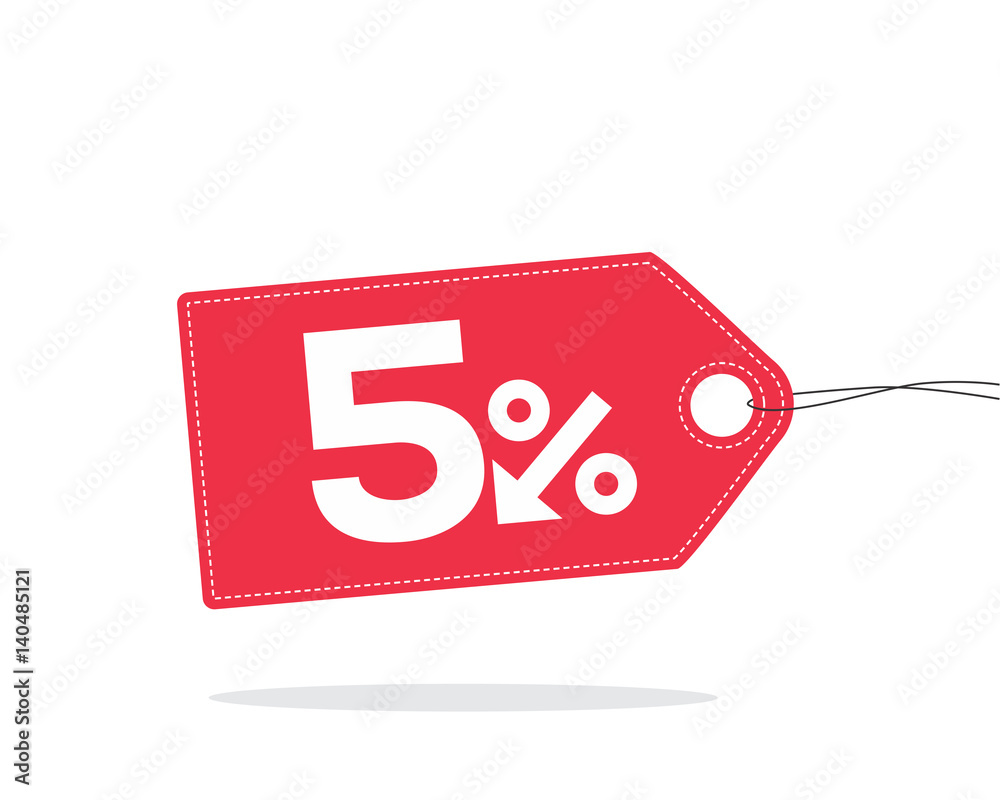 Red price tag label with 5% text designed with an arrow percent icon ...