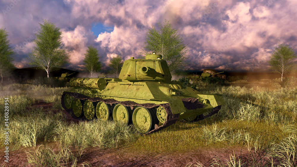 Old soviet tank T 34 take aim at the camera on a battlefield of Second ...