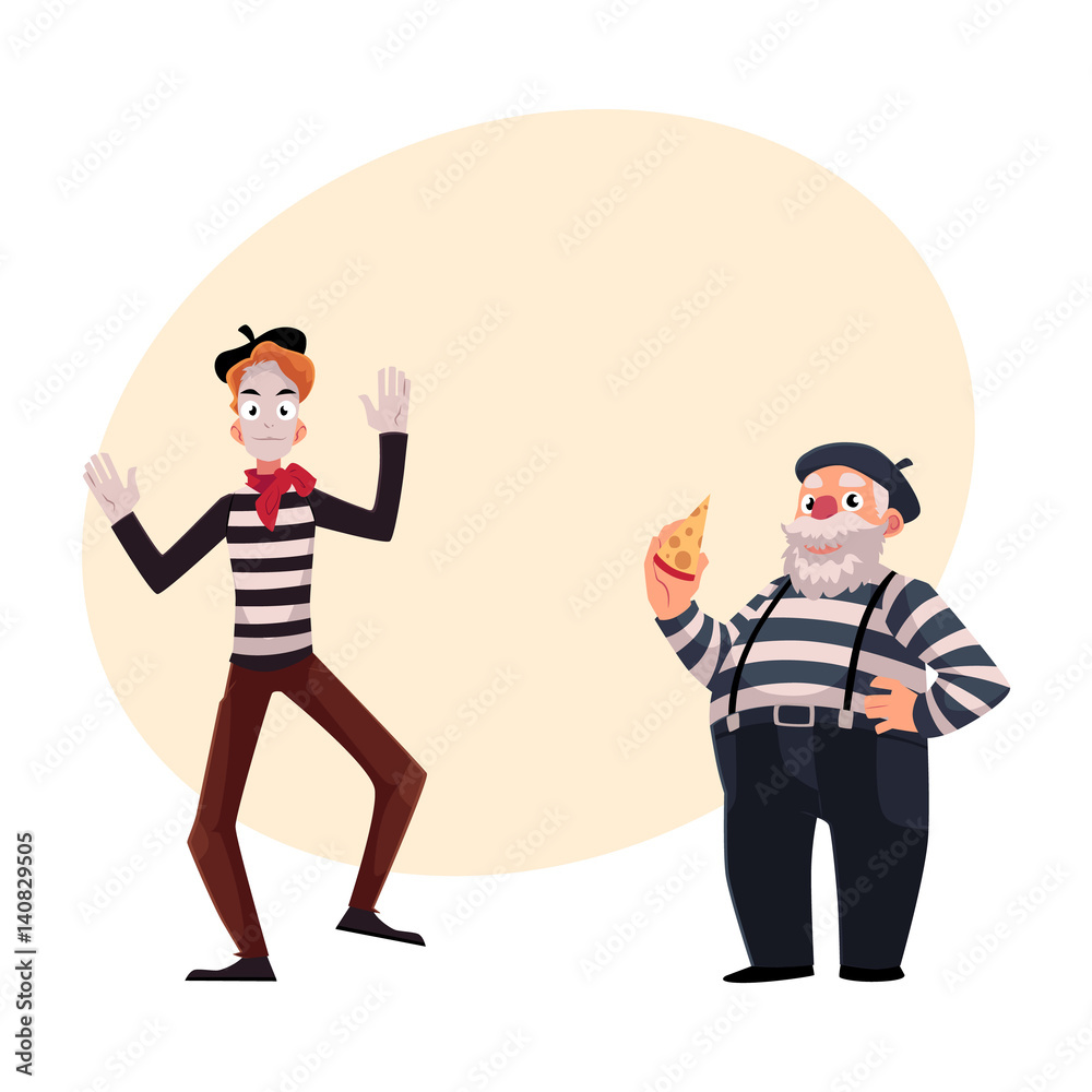 Two French mimes, young and old, in traditional costumes as symbols of ...