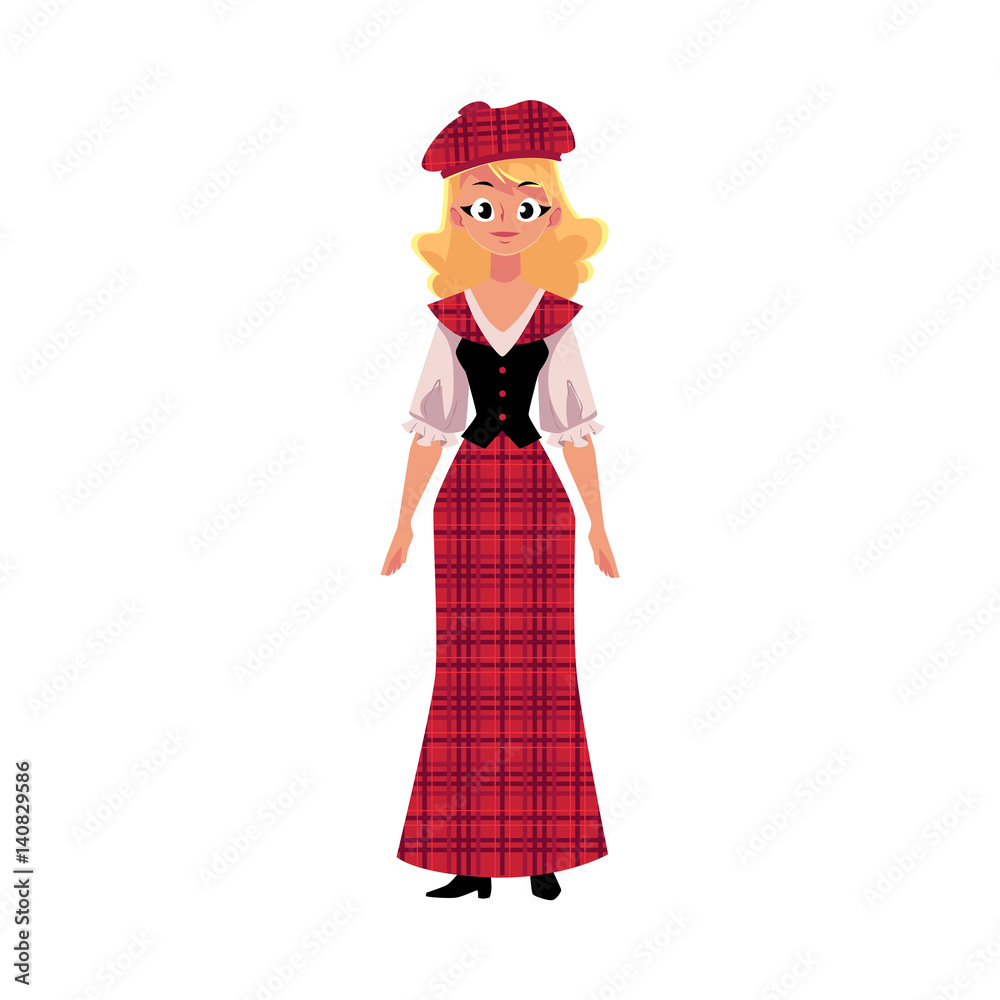 Scottish woman in traditional national costume, tartan beret and long ...