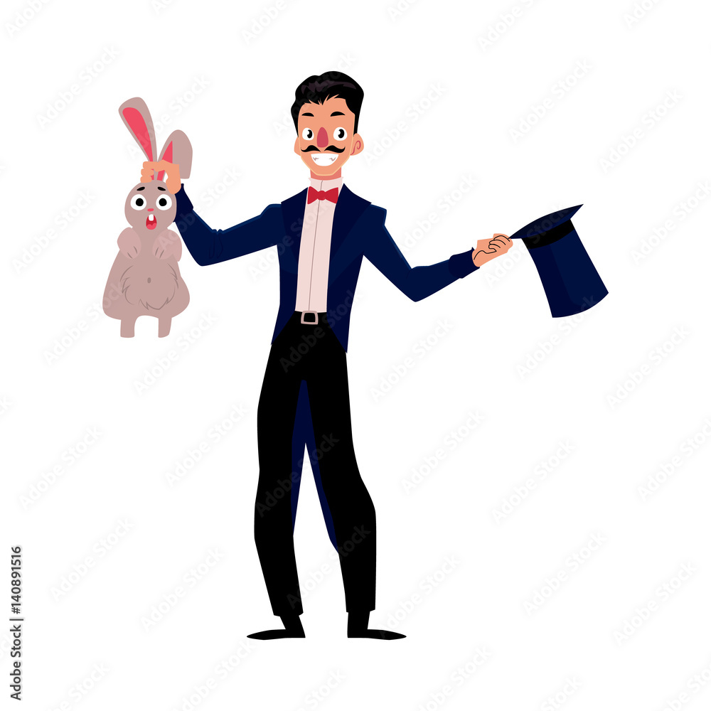 Image vectorielle Stock Magician, illusionist conjuring rabbit out of ...