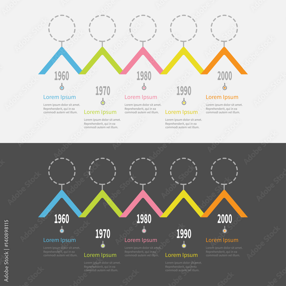 Five step Timeline Infographic set. Colorful triangle corner roof shape ...
