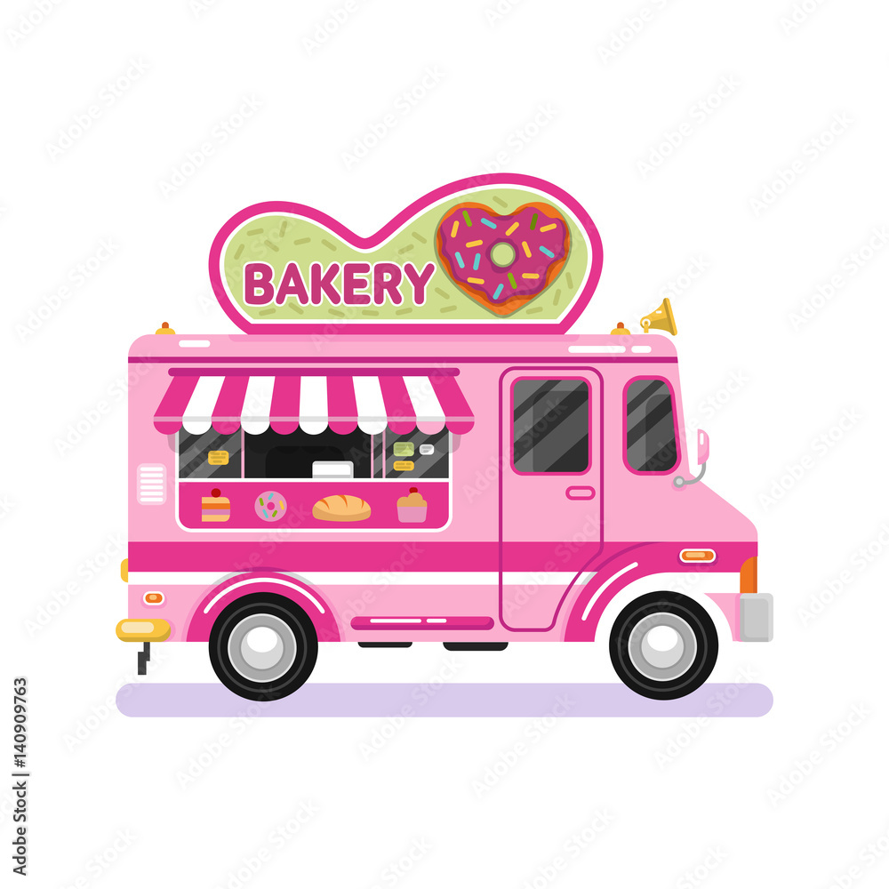 Flat design vector illustration of bakery van. Mobile retro vintage ...