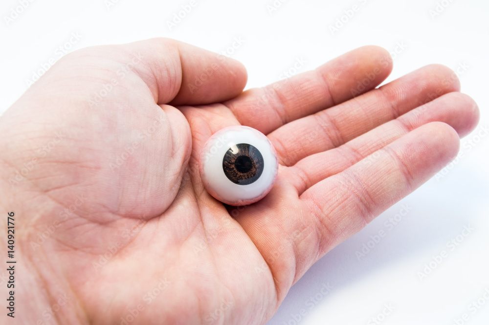 Anatomical model of eyeball or eye prosthesis lies on open palm of ...