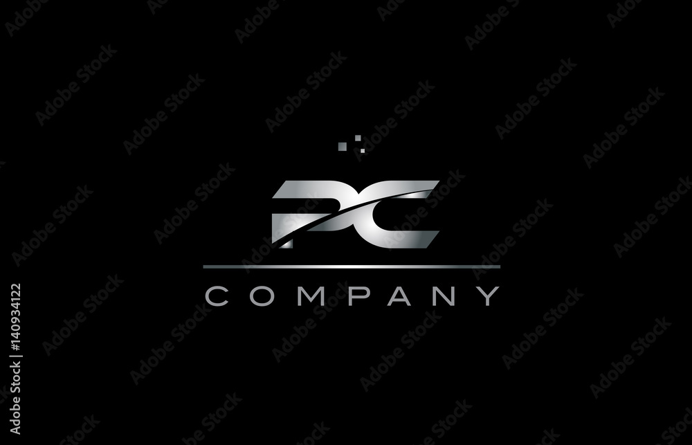 pc p c silver grey metal metallic alphabet letter logo icon template ...