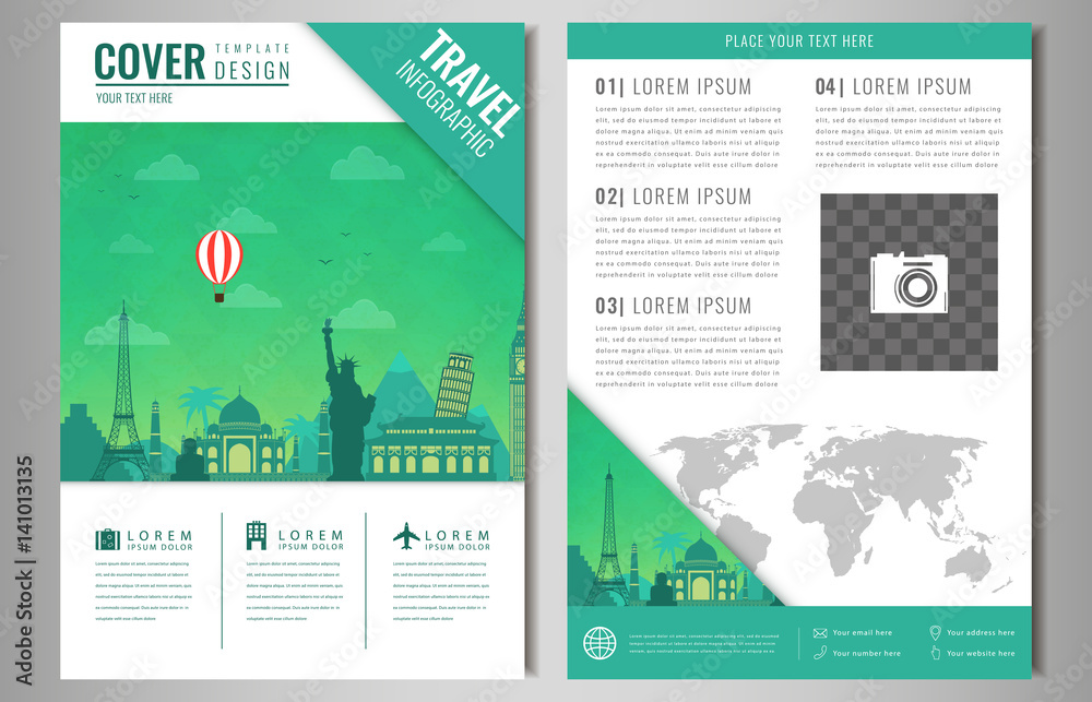 Travel brochure design with famous landmarks and world map. Template ...