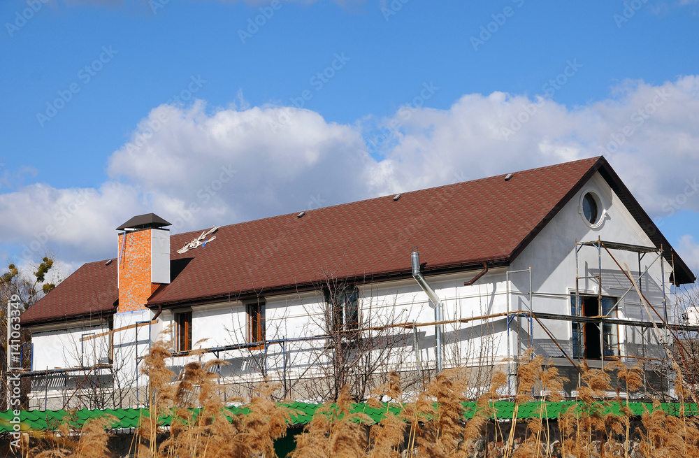 Urban house or building, facade pattern. Rain gutter. Roof Shingles ...