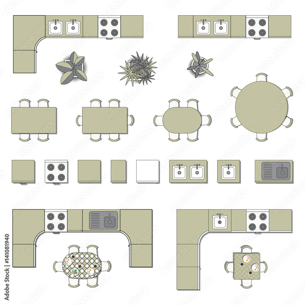 Set top view for interior icon design. Elements for kitchen. Floor plan ...