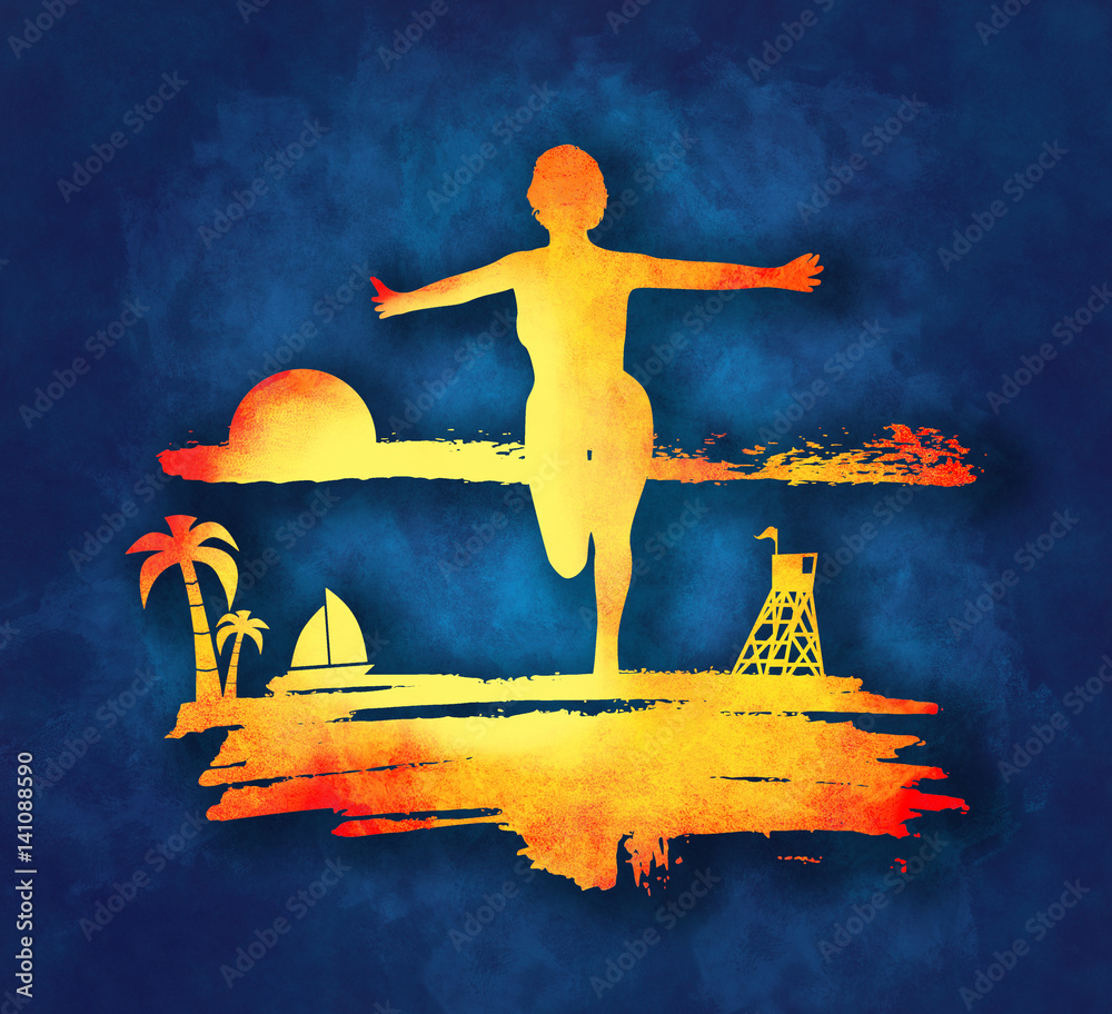 Young woman sunbathing on a beach. Silhouette of the running girl on a ...