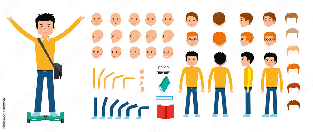 Man character creation set. Young guy, student, teenager. Icons with ...