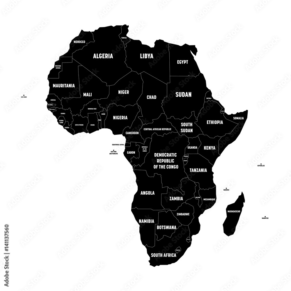 Simple flat black map of Africa continent with national borders and ...