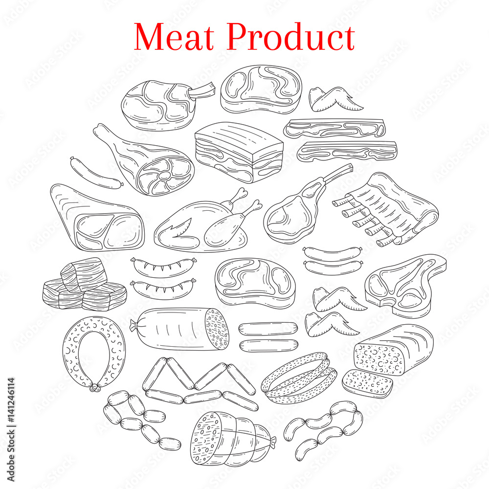 Vector illustration with different kinds of meat Stock Vector | Adobe Stock