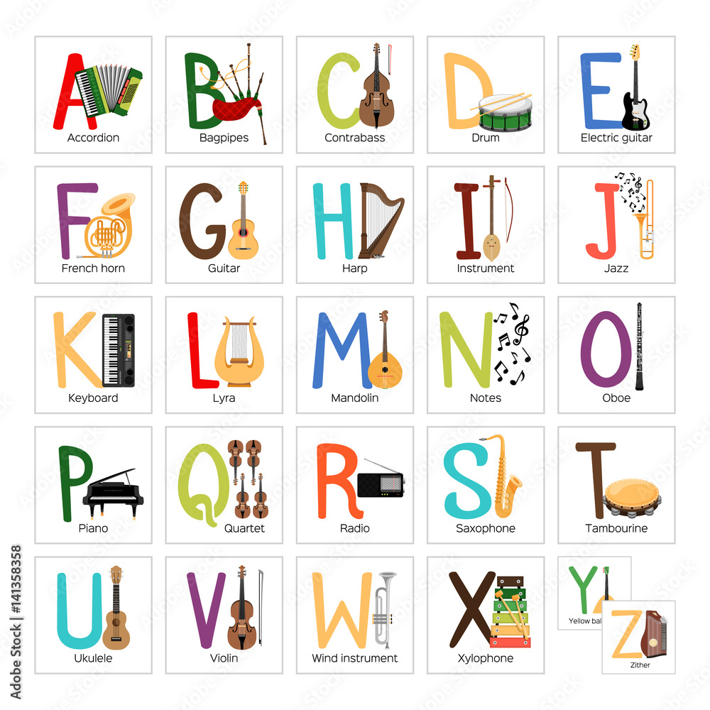 Alphabet with different musical instruments Stock Vector | Adobe Stock