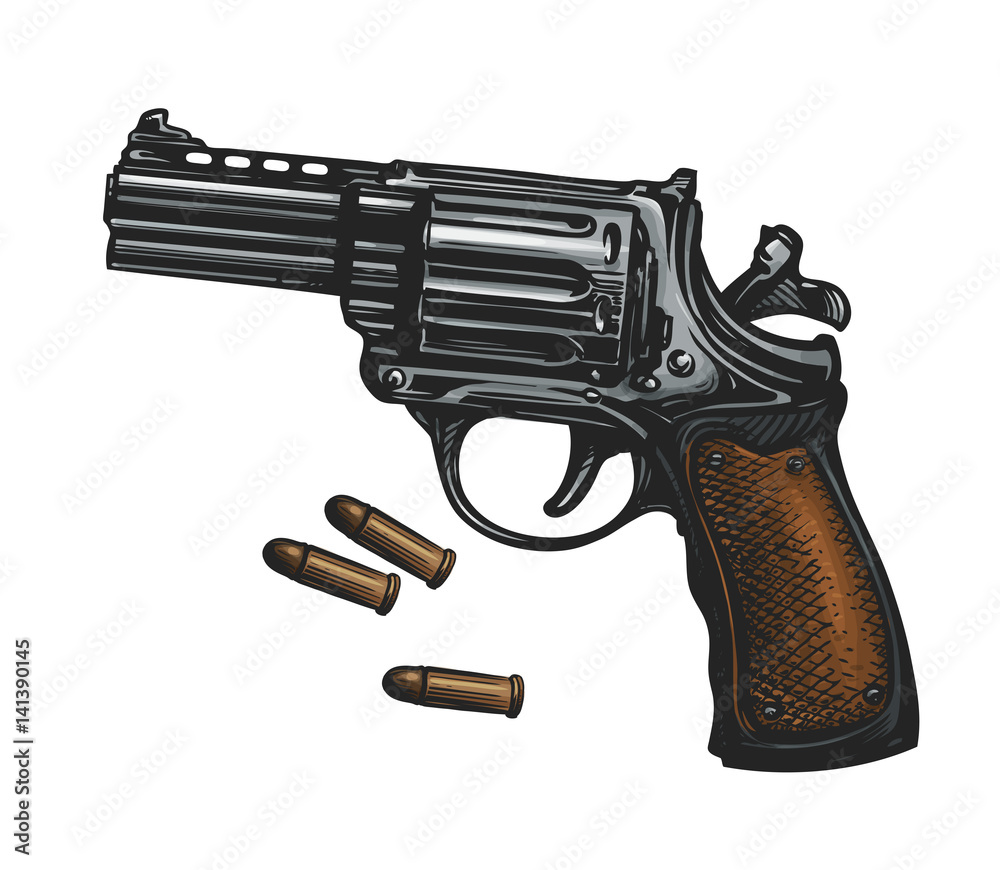 Pistol, revolver gun and ammo, sketch. Vintage vector illustration ...