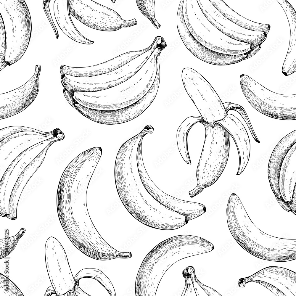 Banana vector seamless pattern. Isolated hand drawn bunch and peel banana Summer fruit engraved ...