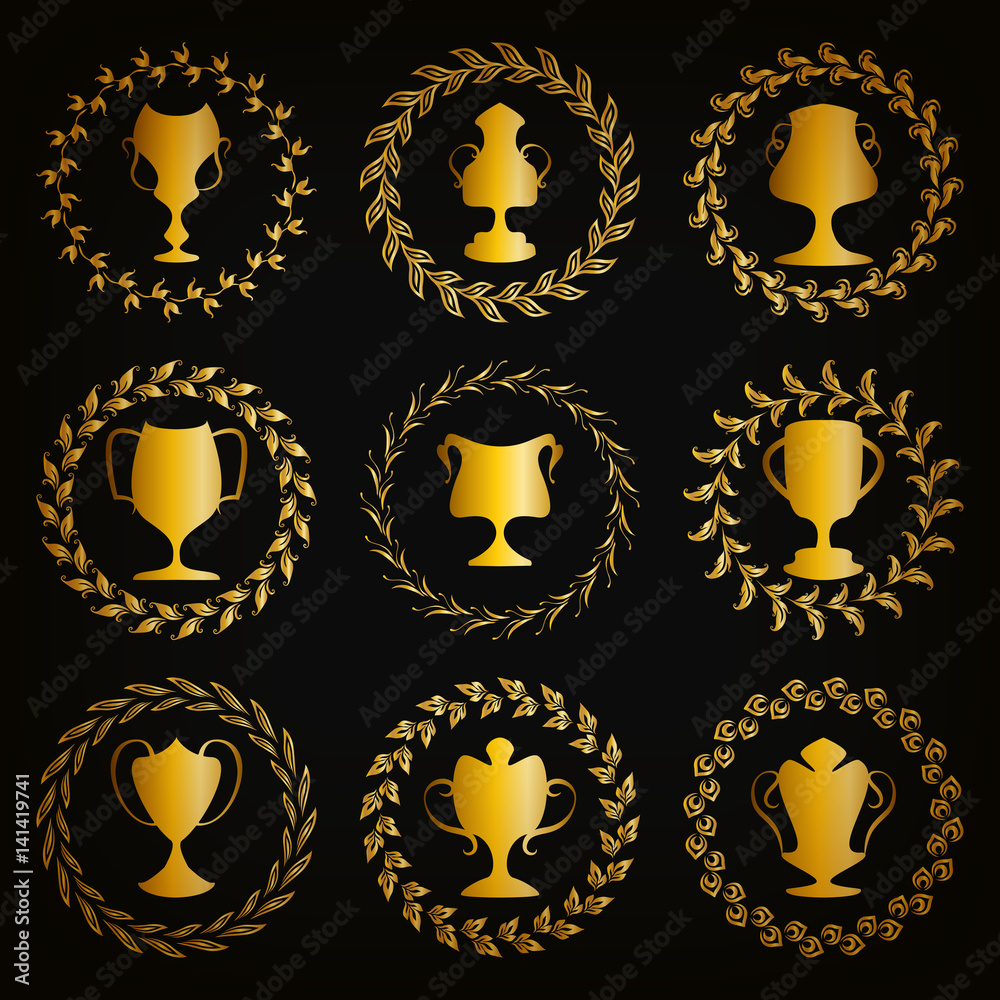 Set of luxury golden champion cups with laurel wreaths. Filigree ...