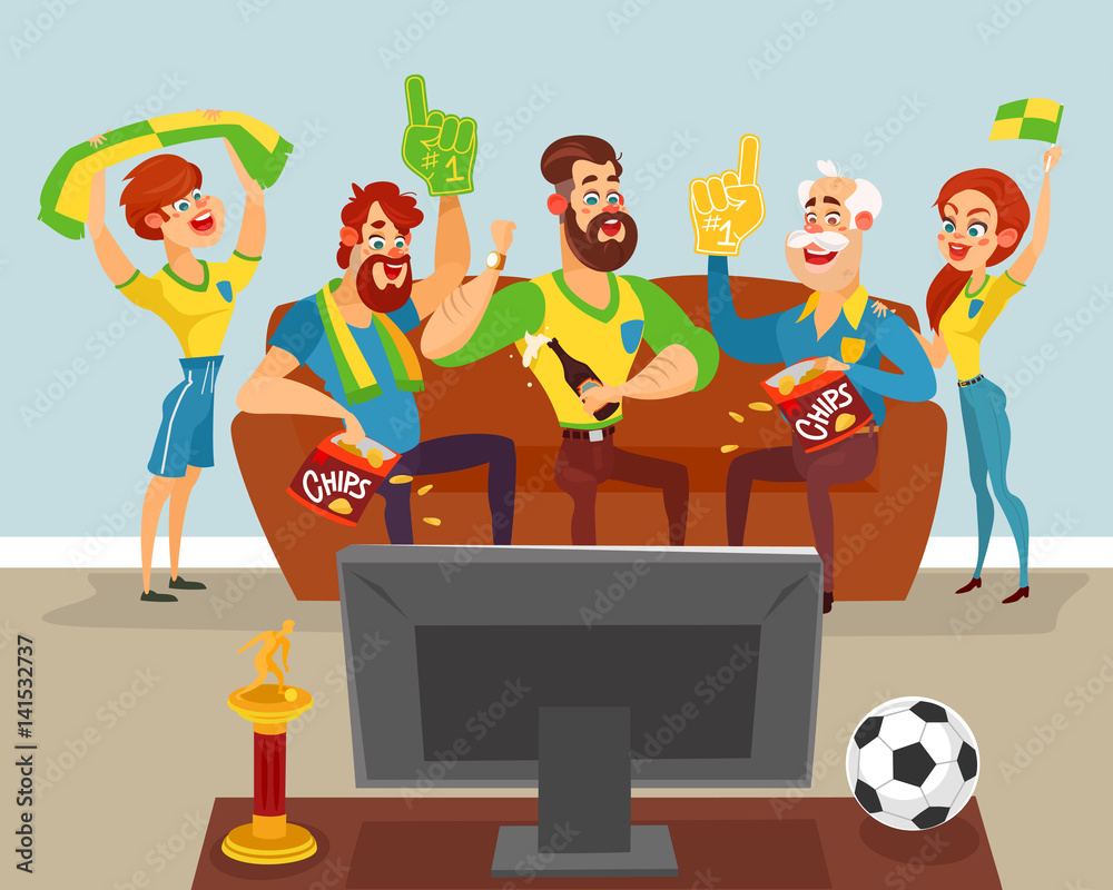Vector cartoon illustration of a family of football fans watching a ...