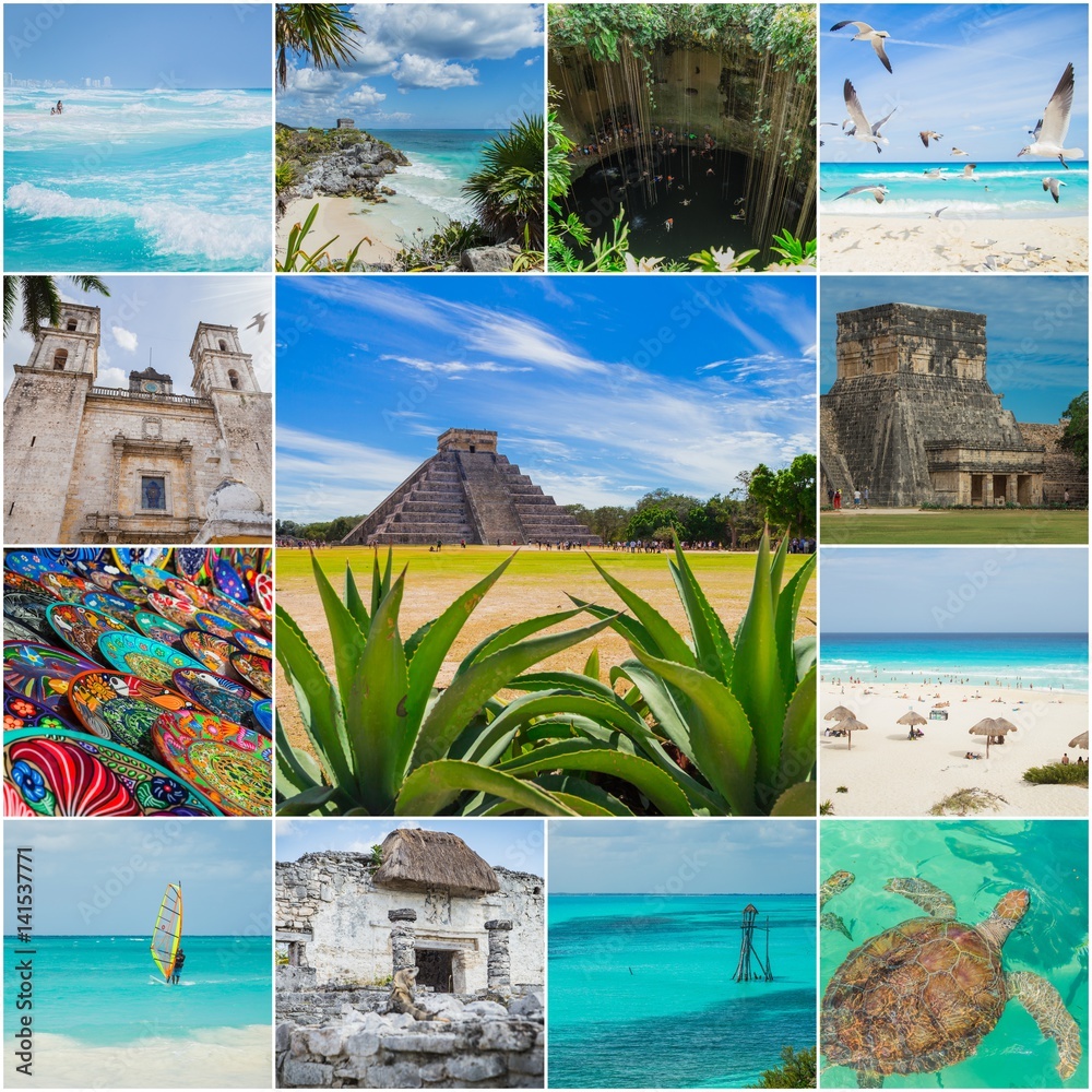 Foto de Stock Riviera Maya Views Collage. Pyramid in Chichen Itza ...