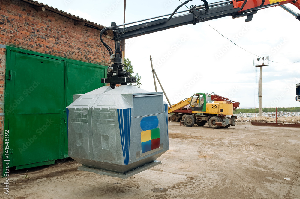Trash can. Landfill. Crane for loading. Ecology. Waste management ...