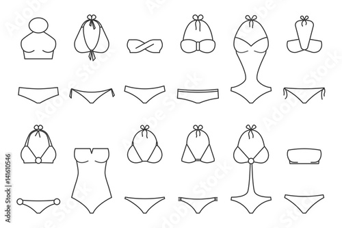 Vector Illustration Of Womens Swimsuit Outline Design Set Fashion