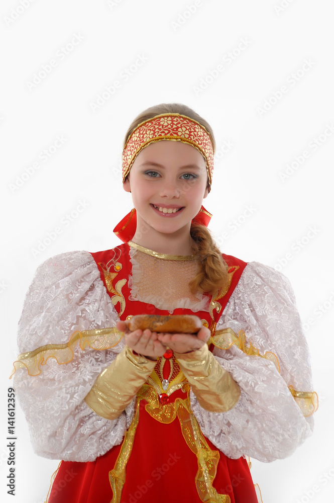 beautiful smiling russian girl in folk costume isolated on white Stock ...