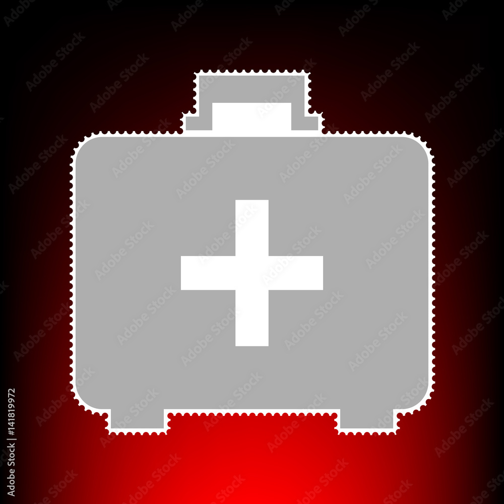 Medical First aid box sign. Postage stamp or old photo style on red ...