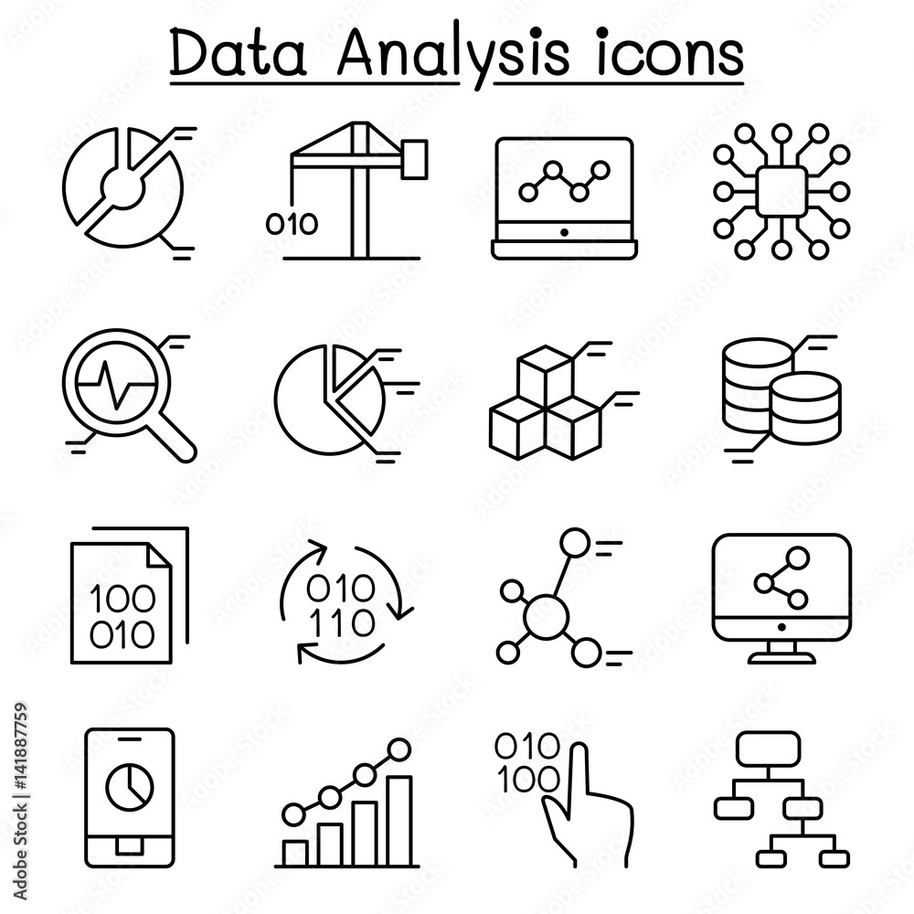 Data mining Technology , Data Transfer , Data warehouse analysis icon set in thin line style ...