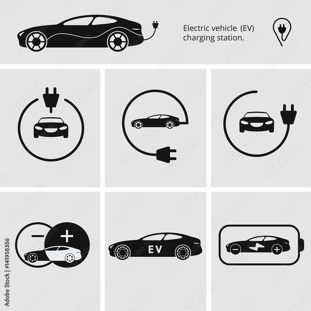 Vector illustration charging station for electric car. Icons pin point ...