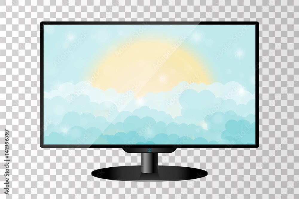 Realistic modern TV monitor isolated. Cartoon blue shining cloudy sky ...