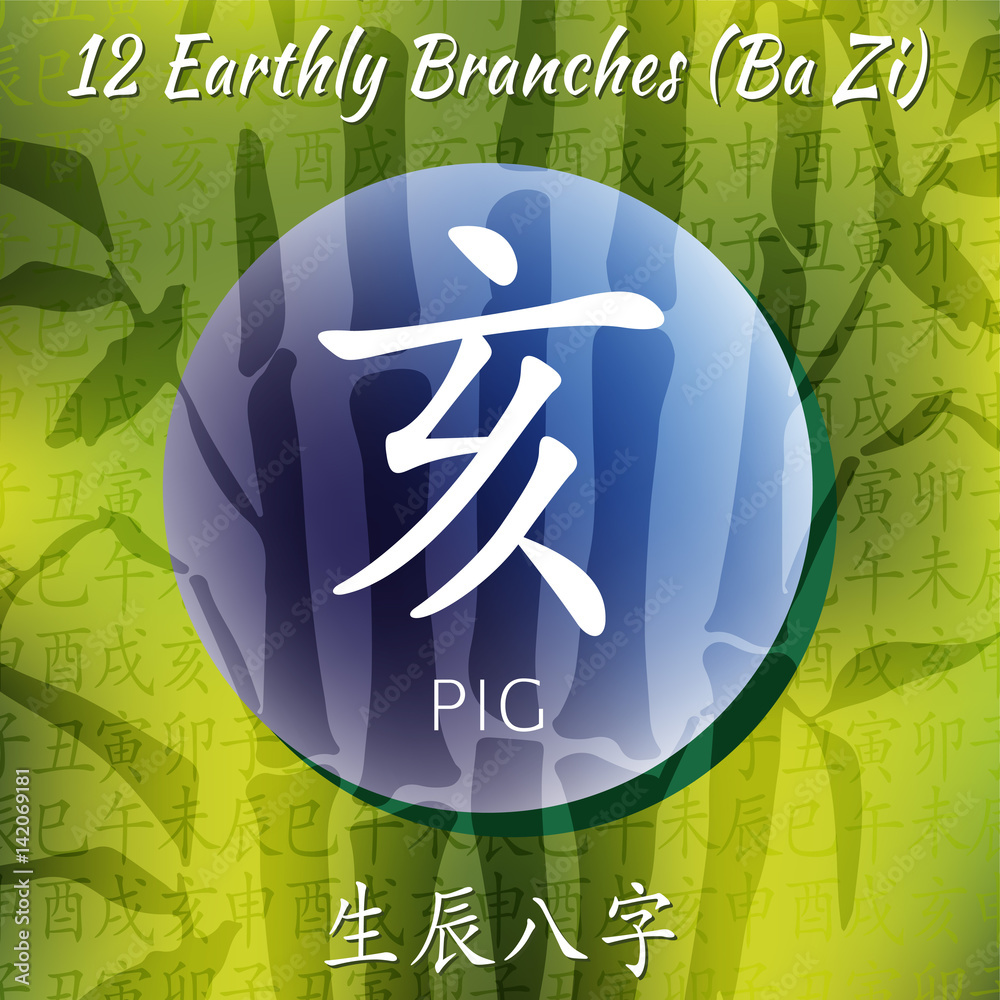 Set of chinese feng shui hieroglyphs. Translation of 12 zodiac animals ...