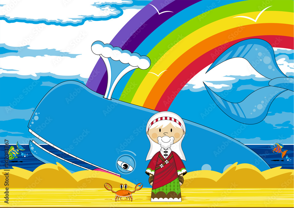 Cute Cartoon Jonah and the Whale Illustration Stock Vector | Adobe Stock
