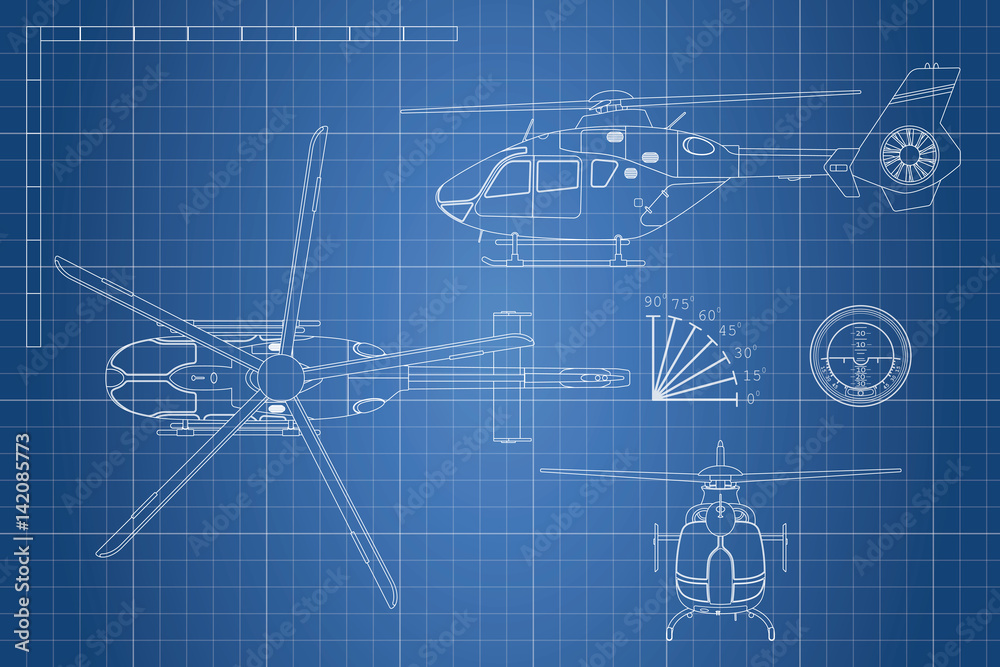 Engineering blueprint of helicopter. Helicopters view: top, side, front ...