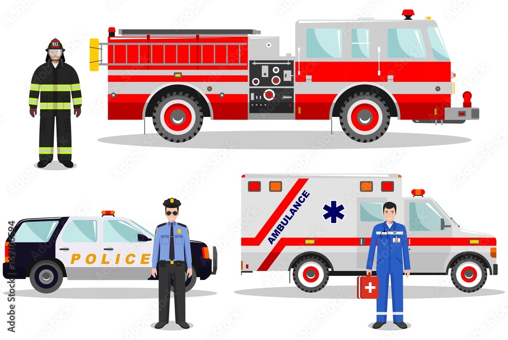 Emergency concept. Detailed illustration of firefighter, doctor ...