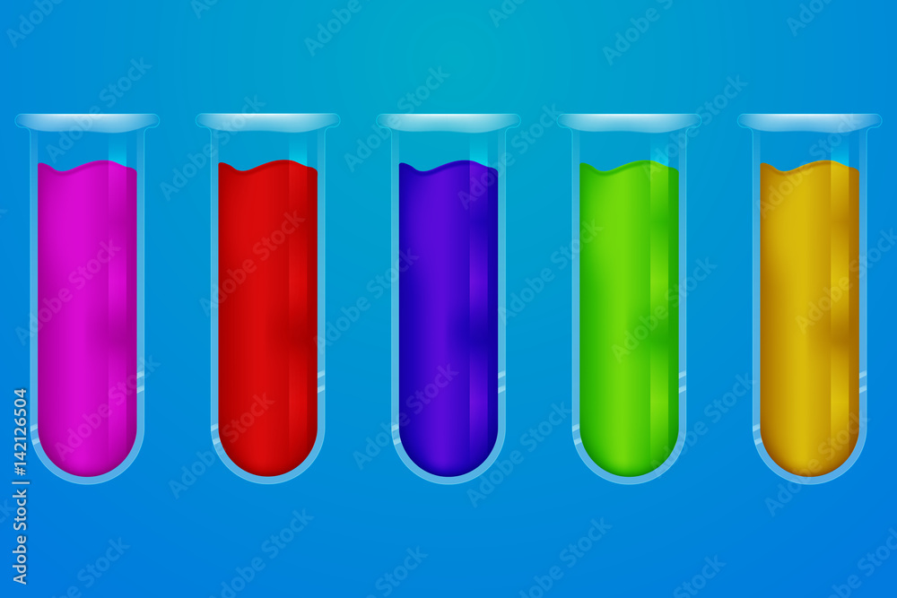 Set of five transparent glass chemical tubes with colorful fluids on ...