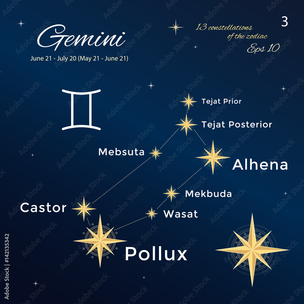 Gemini. High detailed vector illustration. 13 constellations of the ...