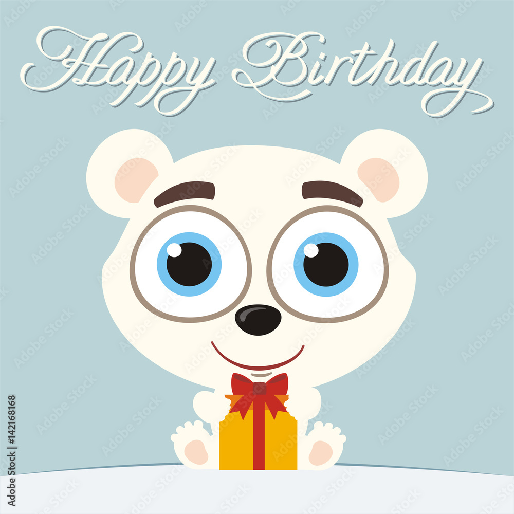 Happy birthday! Funny little polar bear with birthday gift in cartoon ...