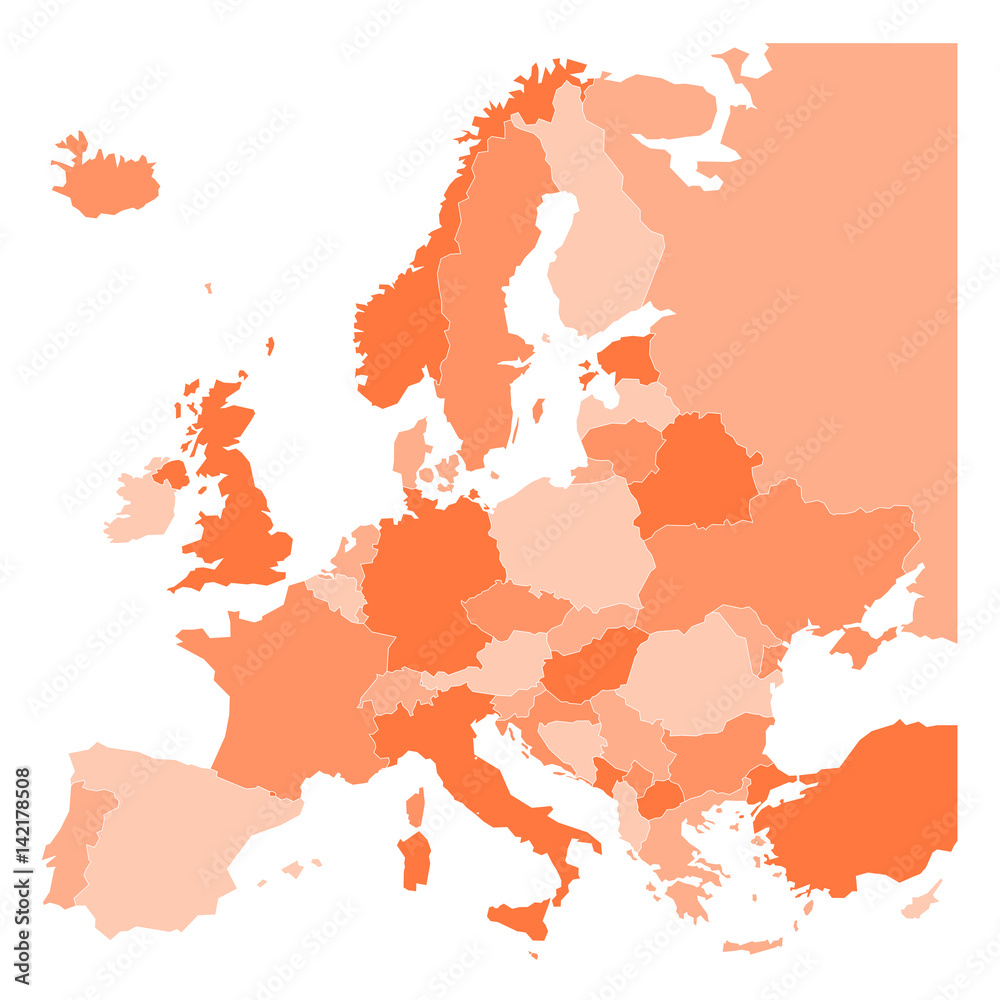 Political map of Europe in four shades of orange on white background ...
