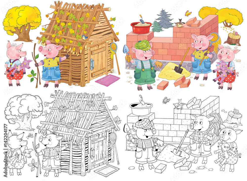 The three little pigs. Fairy tale. Coloring page. Coloring book. Cute ...
