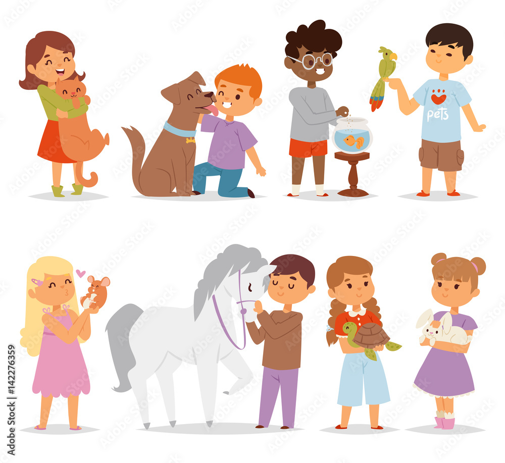Toddler cartoon kids characters petting little pet in and cute kind child feeding animals friends in the zoo friendship vector illustration. Stock Vector Adobe Stock