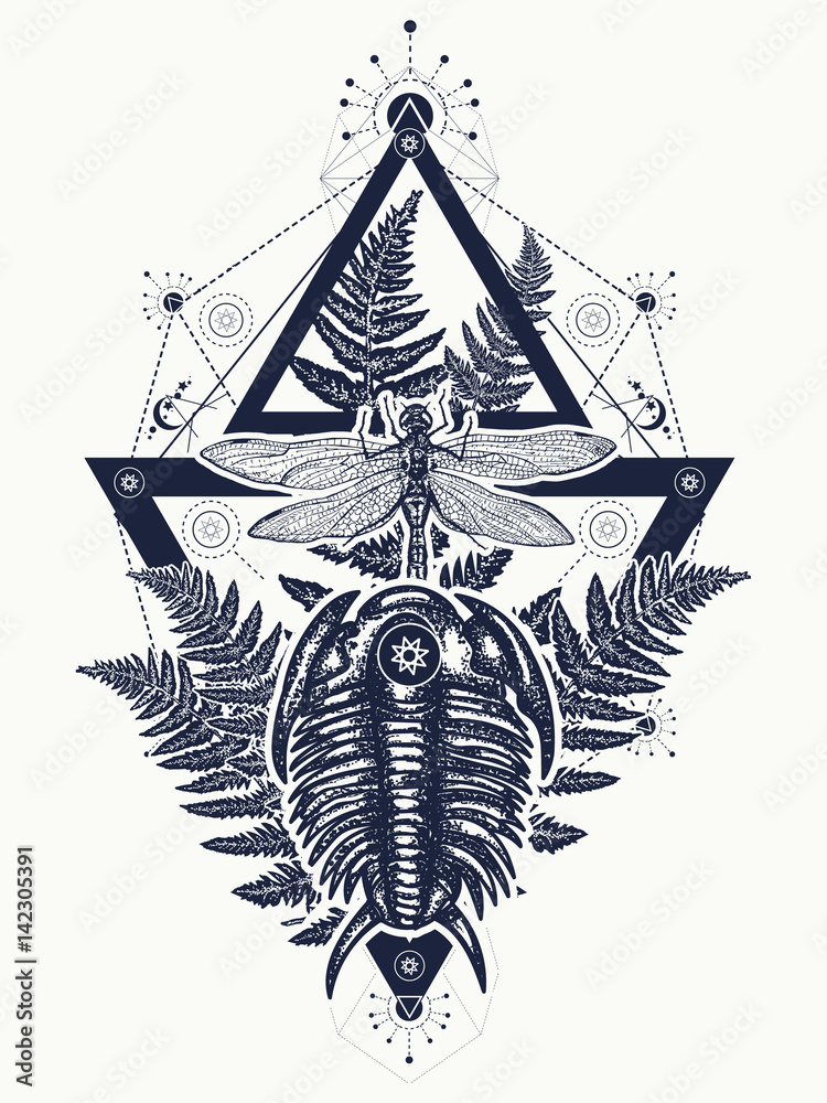 Prehistoric tattoo art. Dragonfly in triangle t-shirt design. Symbol of ...