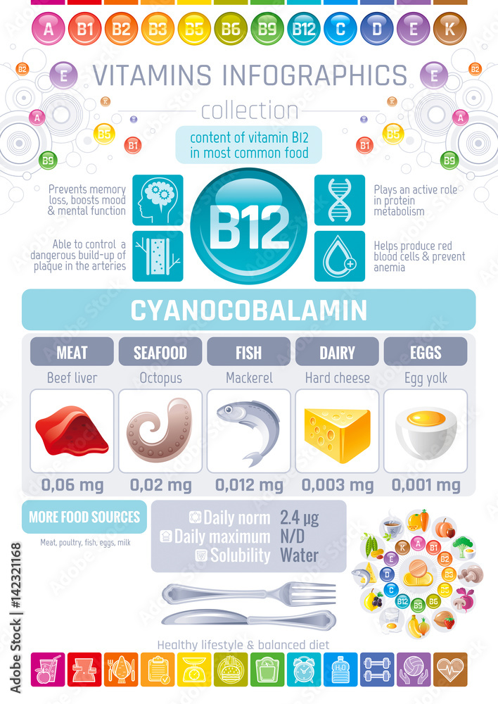 Cyanocobalamin Vitamin B12 rich food icons. Healthy eating flat icon ...